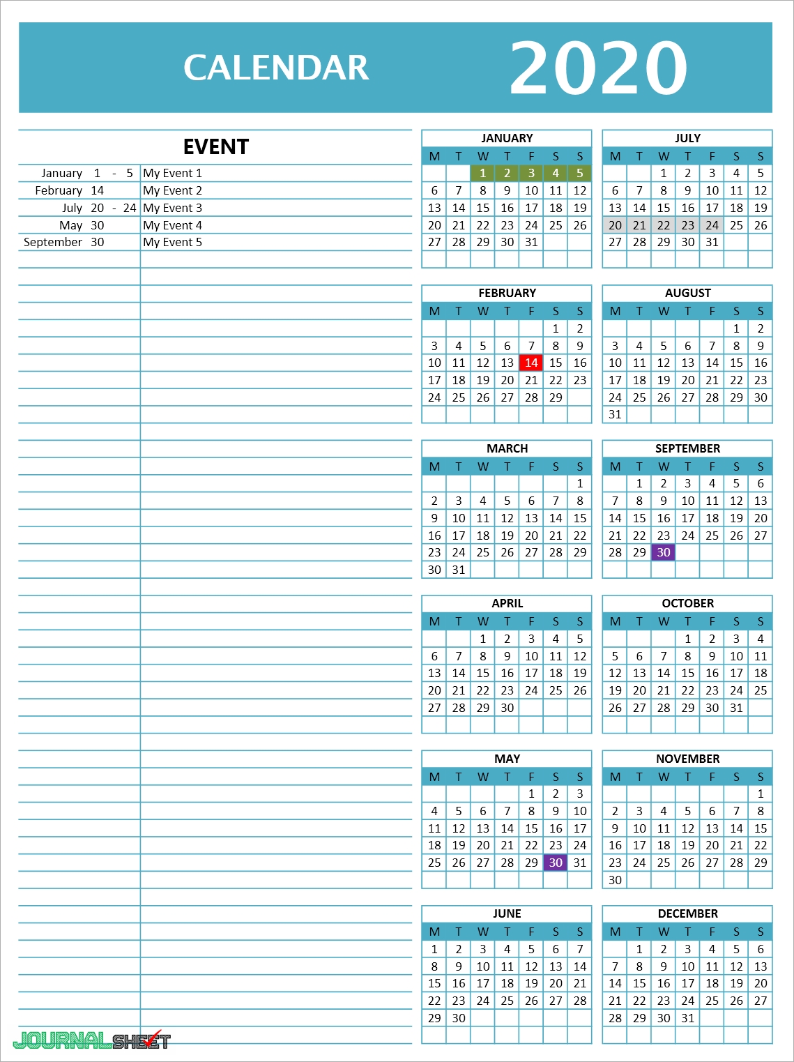 Yearly Calendars - journalSHEET