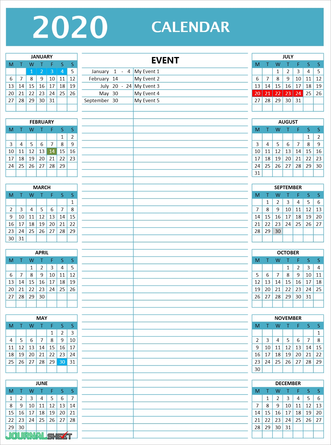 Yearly Calendars - journalSHEET