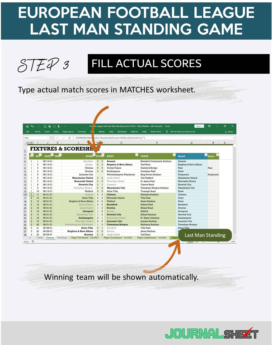 JS808-SS-XL EUROPEAN FOOTBALL LEAGUE LAST MAN STANDING GAME - journalSHEET