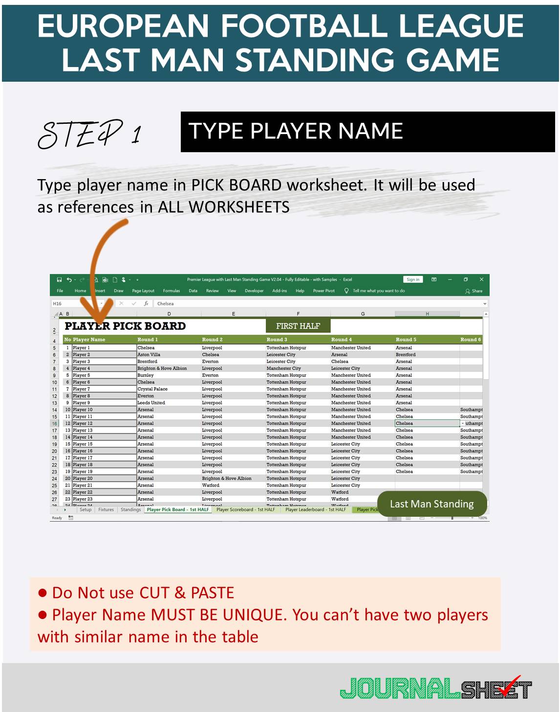JS808-SS-XL EUROPEAN FOOTBALL LEAGUE LAST MAN STANDING GAME - journalSHEET