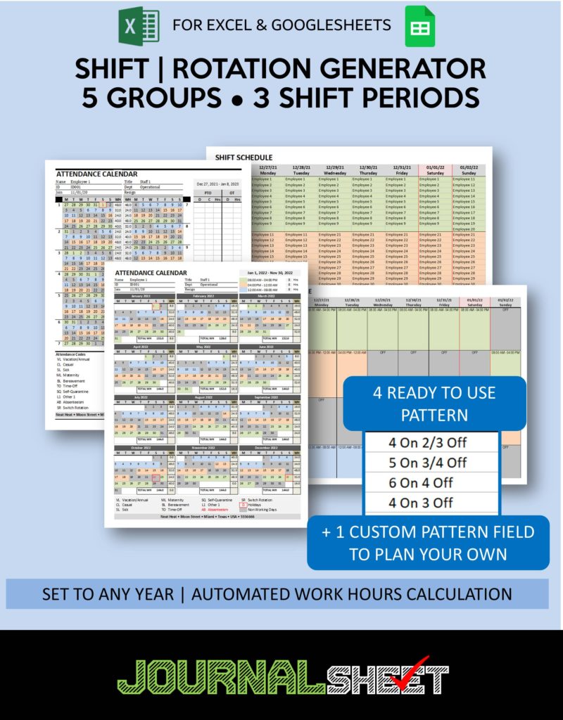JS513HR SHIFT SCHEDULE GENERATOR | 5 GROUPS | 3 SHIFTS - journalSHEET