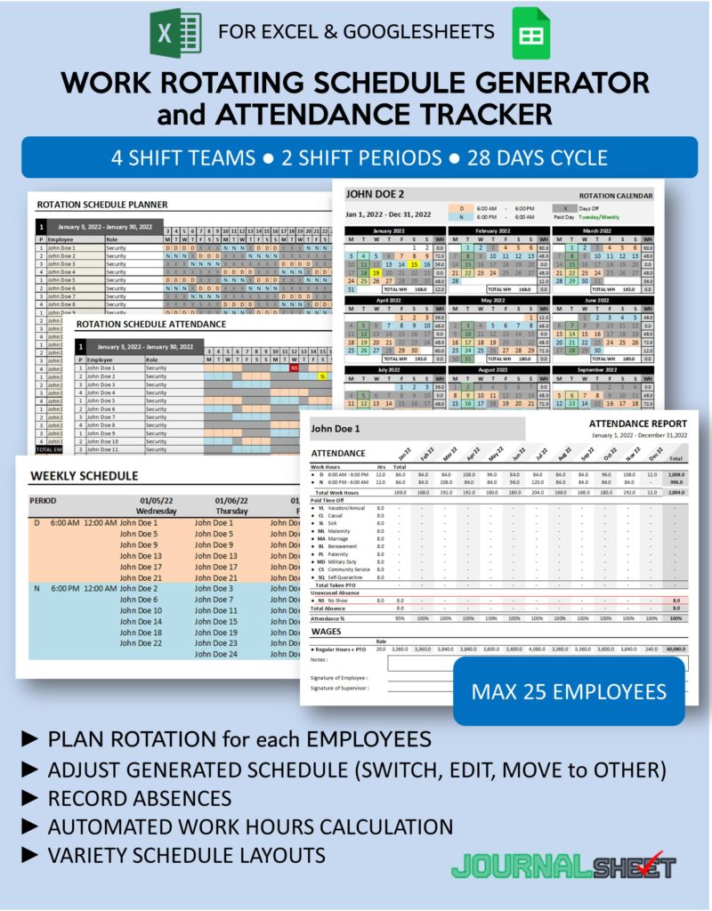 JS524HR SHIFT SCHEDULE MAKER & ATTENDANCE TRACKER | 4 TEAMS | 2 SHIFTS ...
