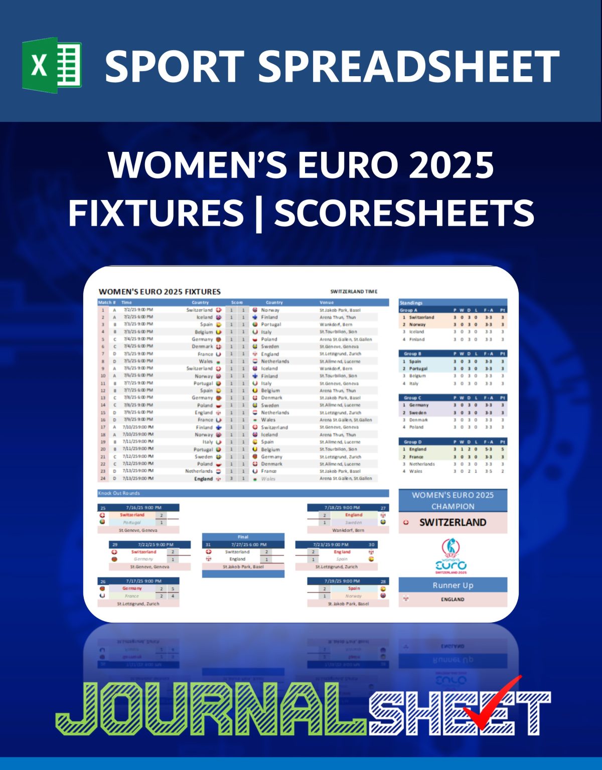 JS844-SS-XL WOMEN'S EURO 2025 FIXTURES | SCORESHEET - journalSHEET